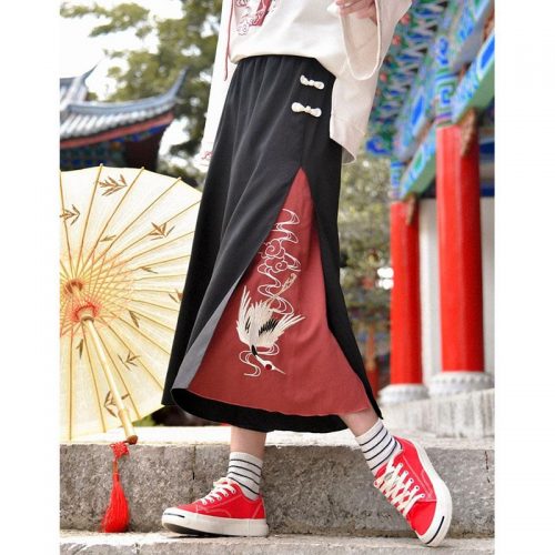 Crane Embroidery Frog Button Wide Leg Pants - PokeKawa